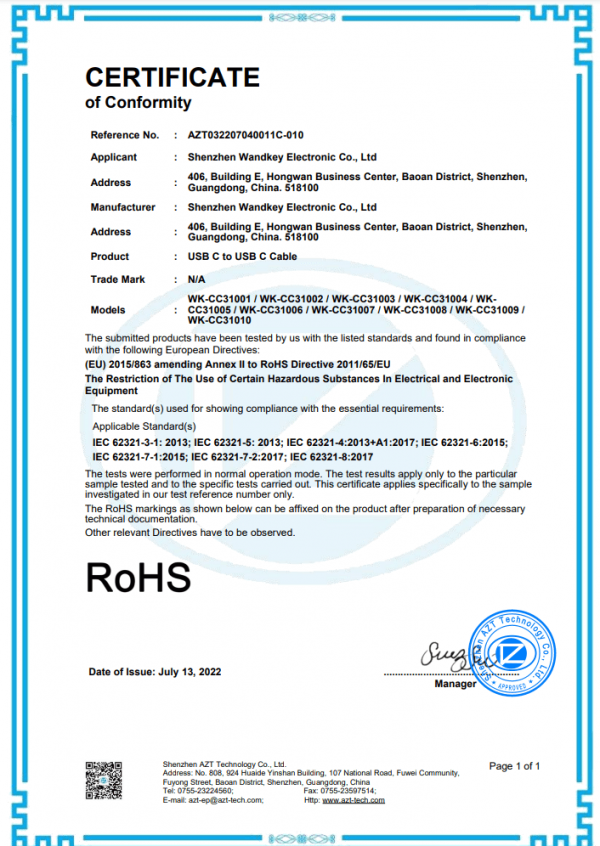 Certification - OEM USB Cable Manufacturers-Wandkey